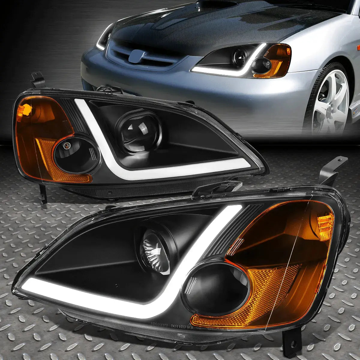 [Led Drl]01-03 Honda Civic Coupe/Sedan Black Amber Projector Headlight – Dynamic Performance Tuning