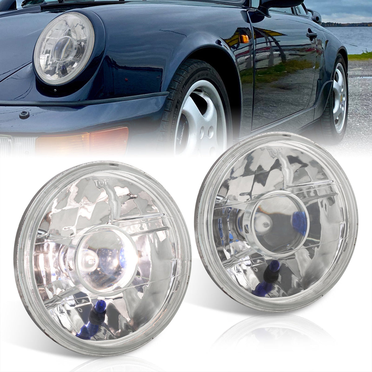 Universal 7" Round Diamond Cut Projector Headlights Chrome Housing Cle ...