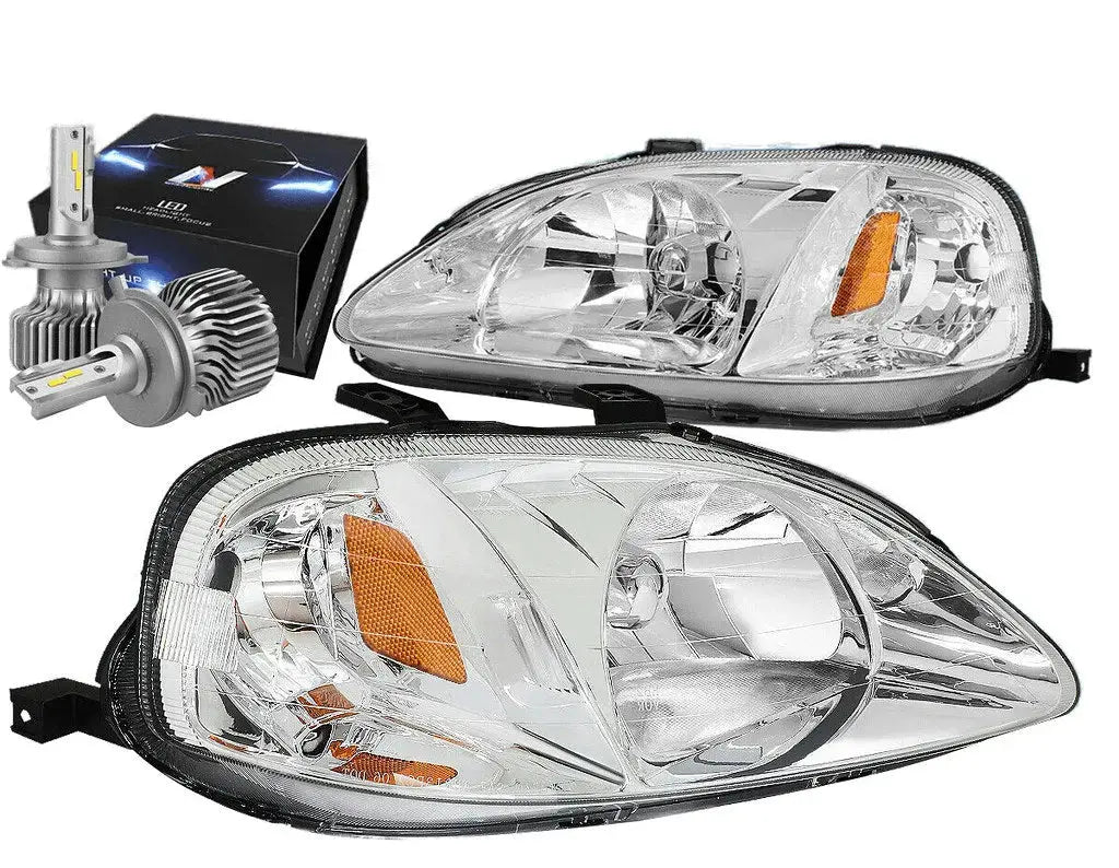 1999-2000 Honda Civic Ek Type-R Look Headlights W/Led Kit+Cool Fan Chr ...