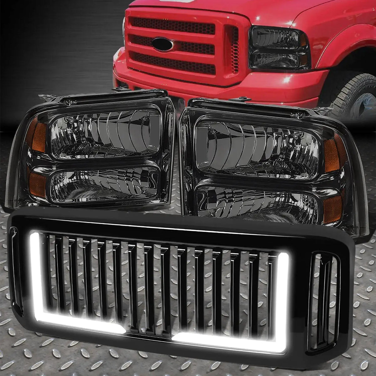 05-07 F250-F550 Smoked/Amber Headlight+Led Drl Glossy Vertical Front G ...