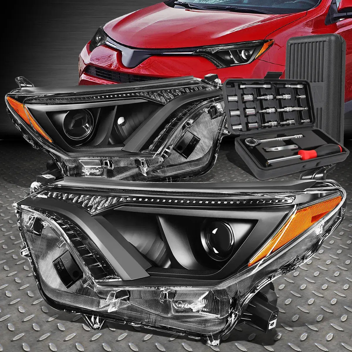 16-18 Toyota Rav4 Black Housing Amber Corner Projector Headlights+Tool ...