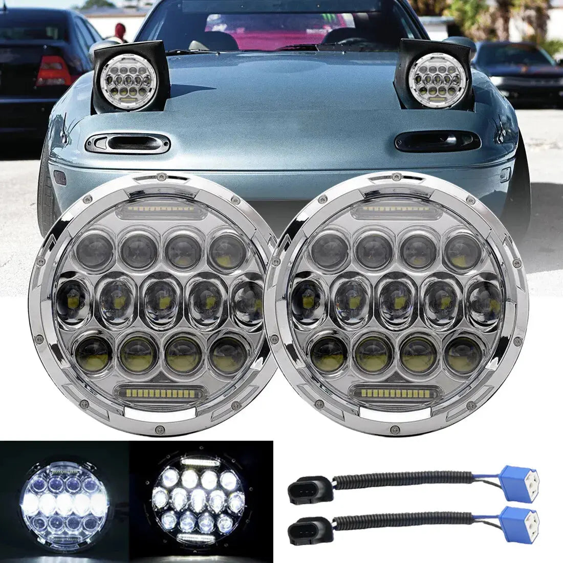 2X 7" Inch Chrome Led Headlight High Low Beam Drl Fit For Mazda Rx7 Mx ...