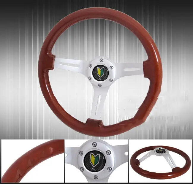 345Mm Light Wood Grain Chrome 3 Spokes Steering Wheel + Jdm Green ...