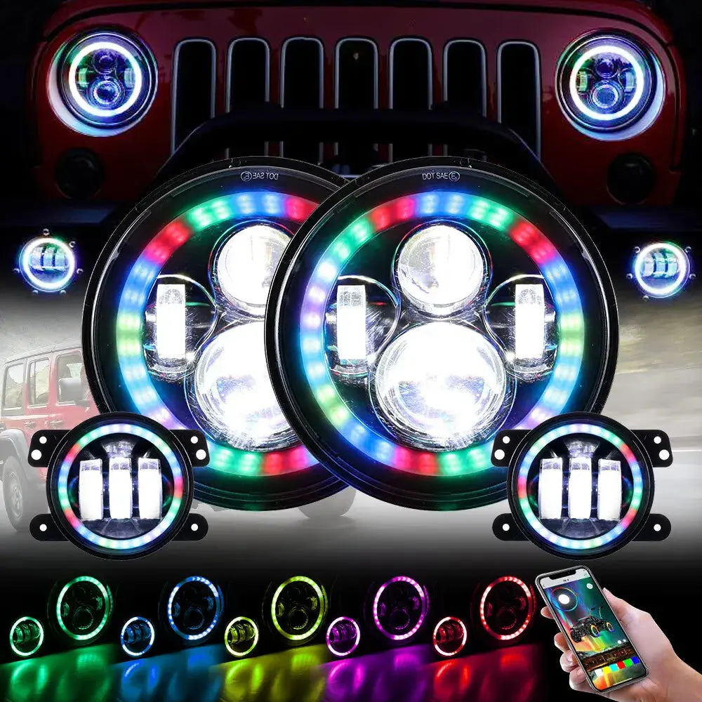 7'' Led Rgb Projector Headlights + Fog Lights Combo Kit For Jeep Wrang ...