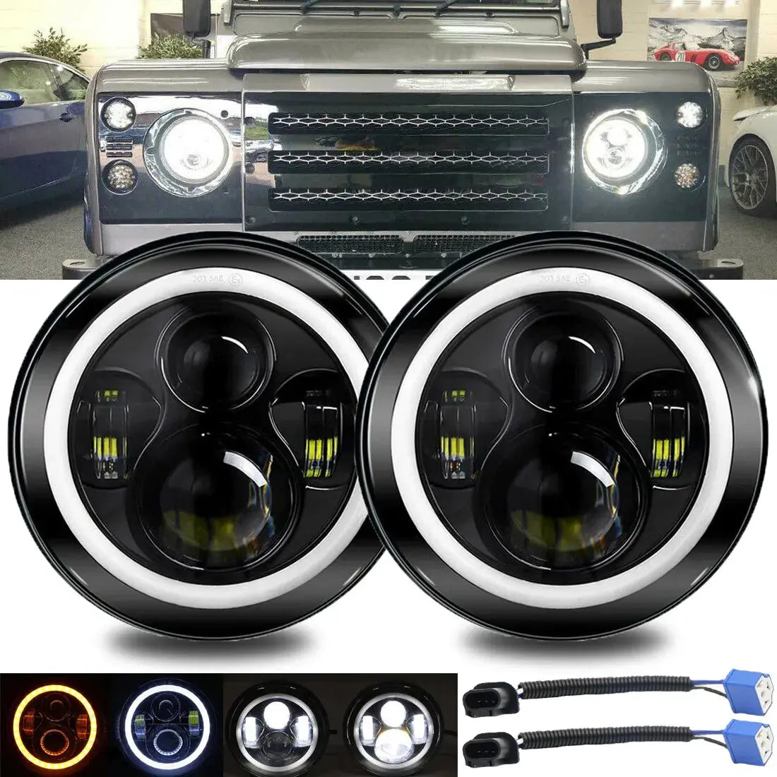 7" Led Headlight Projector Halo Ring Drl For Land Rover Defender 90 Ra ...