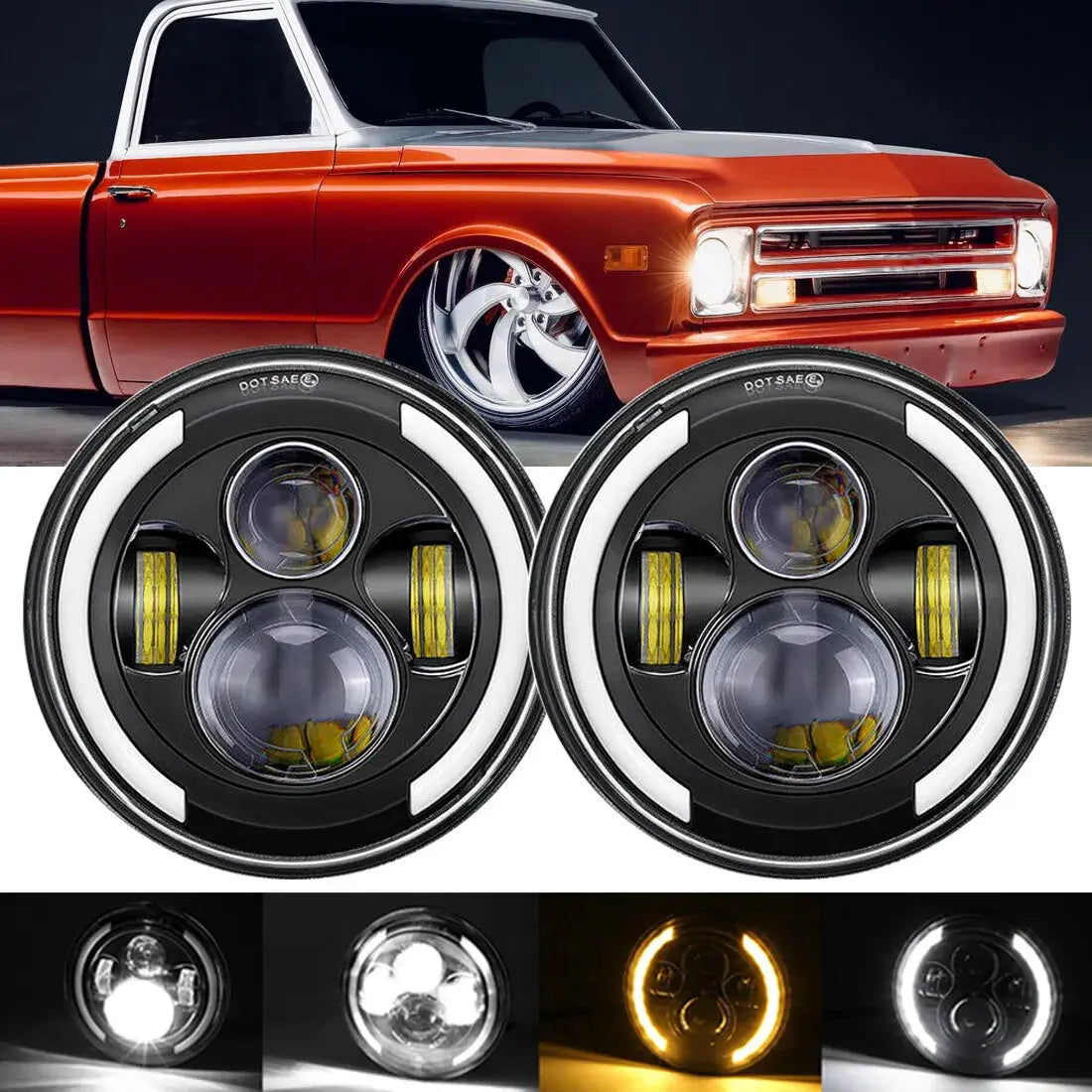 7Inch Halo Ring Angel Eyes Led Headlight For Chevy C10 C20 C30 Nova Pi ...