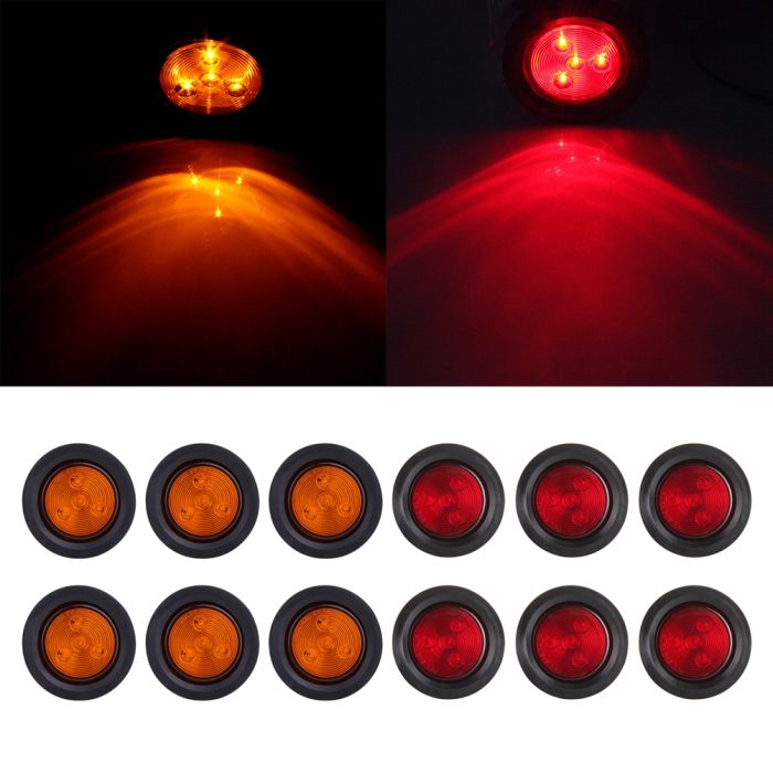 12x Red + Amber 4 LED 2.5 inch Round Light Truck Trailer Side Marker C ...