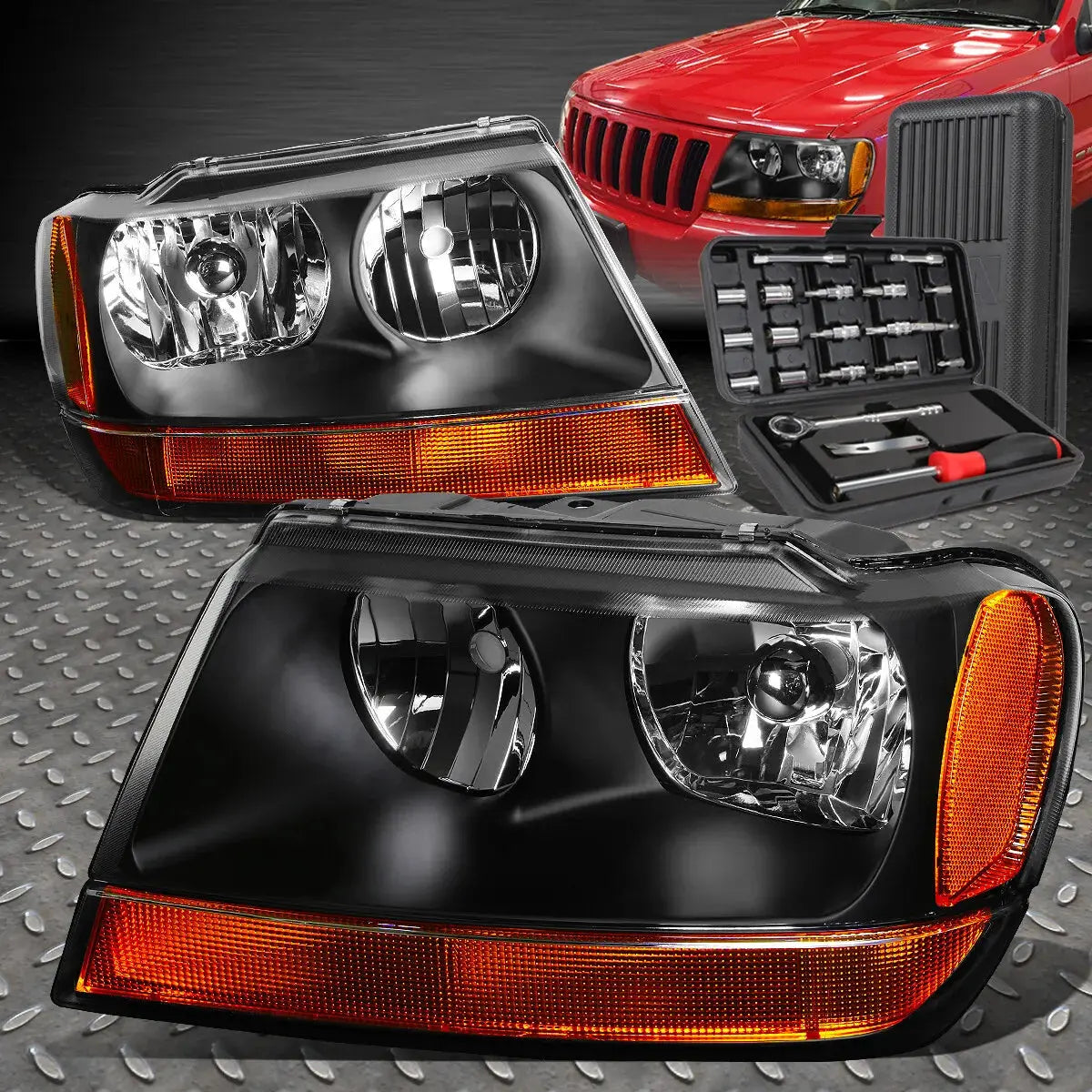 99-04 Jeep Grand Cherokee Wj Black Housing Amber Corner Headlights+Too ...