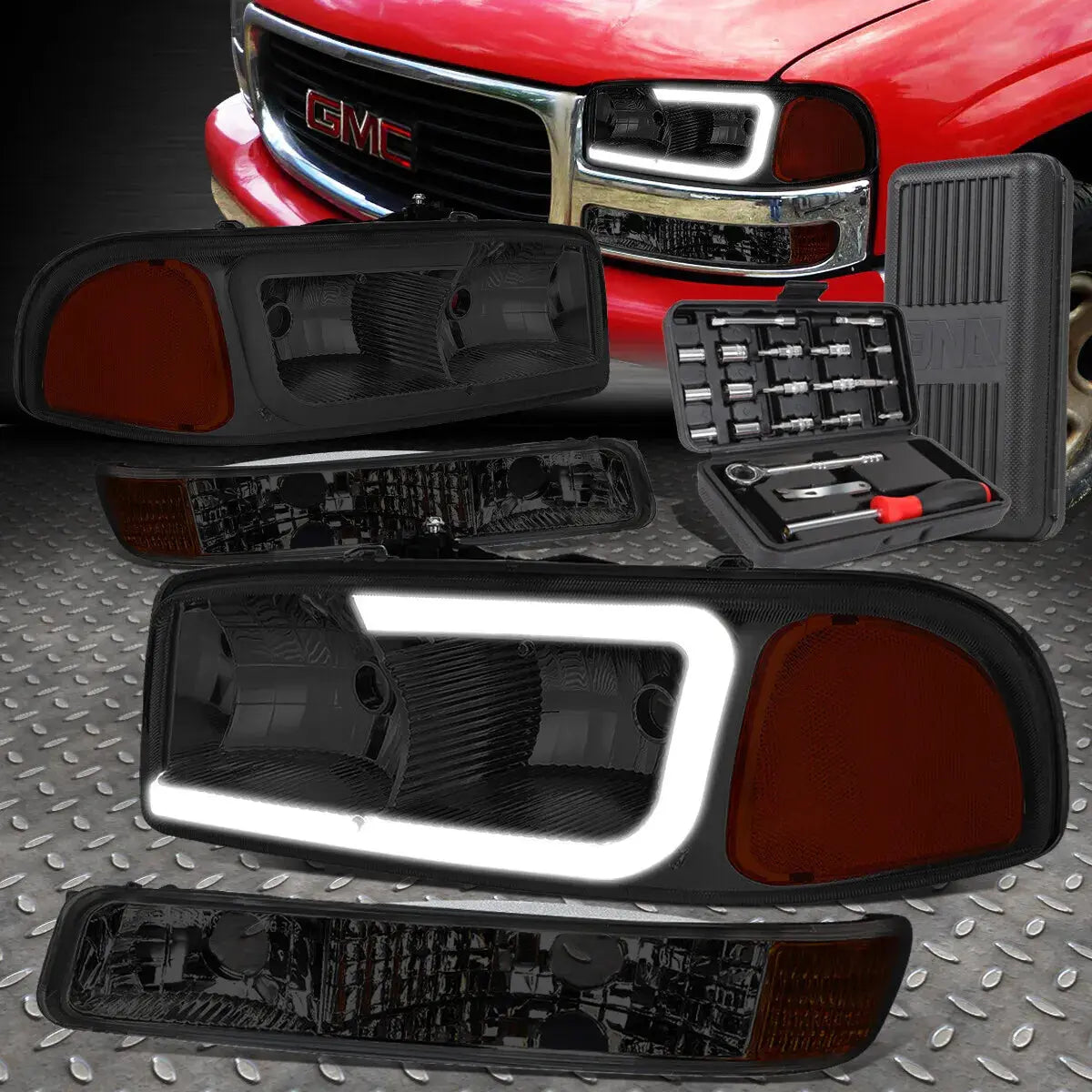 99-07 Gmc Sierra Yukon Led Drl Smoked/Amber Headlight W/Bumper Lamp+To ...