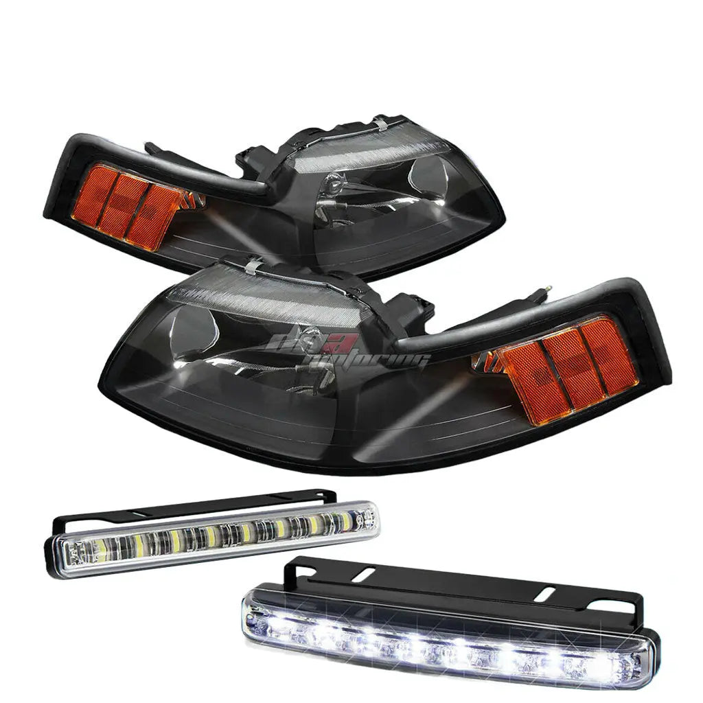 Black Housing Headlamp Amber Reflector+Led Fog Lamps Lights Fits 99-04 ...