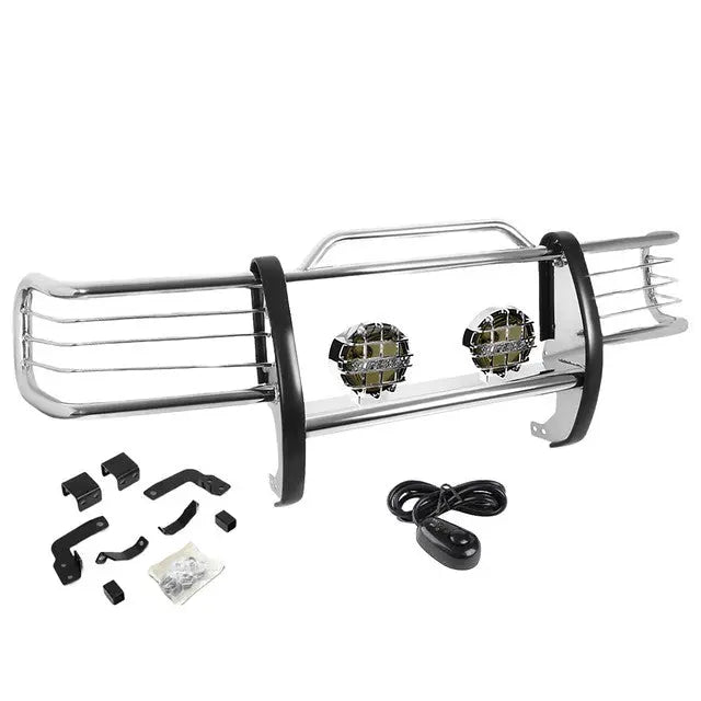Chrome Brush Grill Guard+Round Smoke Fog Light Fit 84-01 Jeep Cherokee ...