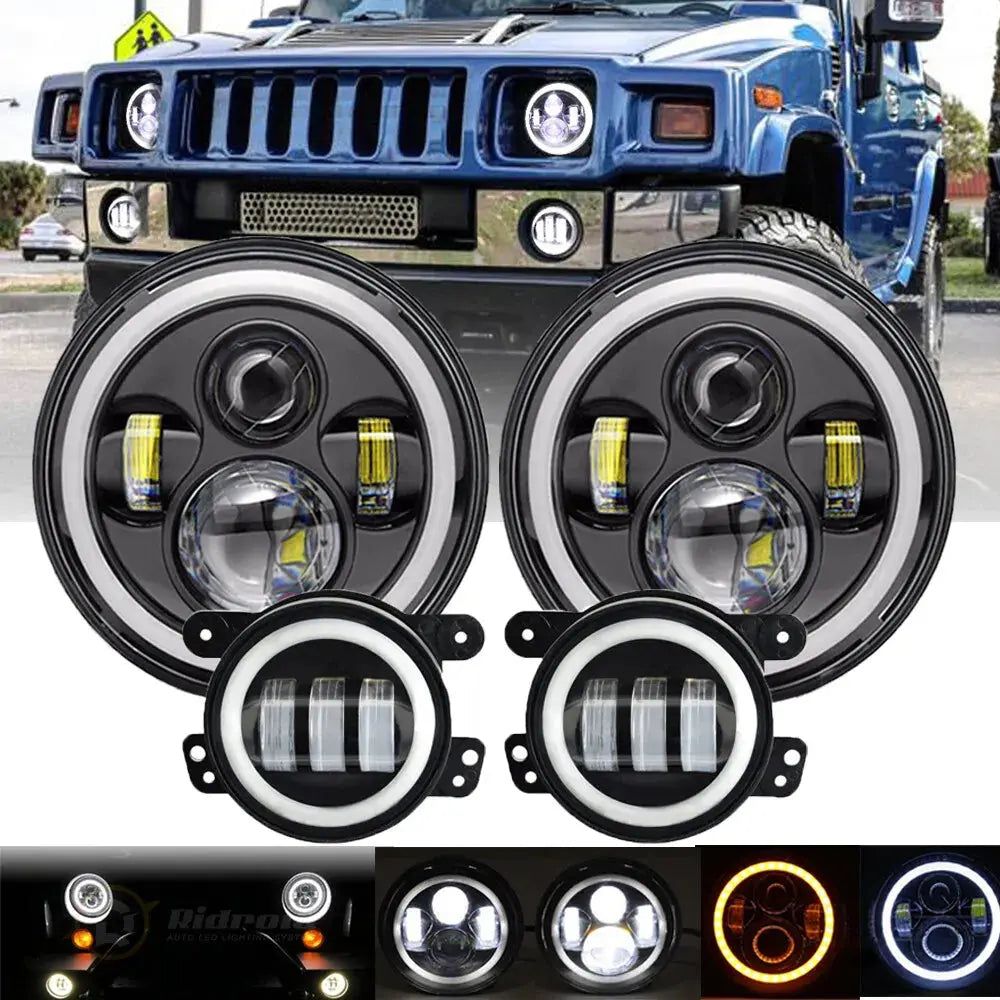 For Hummer H2 H3T 06-10 7" Inch Halo Led Headlight Drl & 4" Fog Lights ...