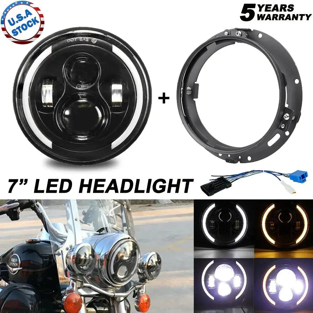 Halo 7" Led Motorcycle Headlight + Ring Mount For Harley Road King Ele ...