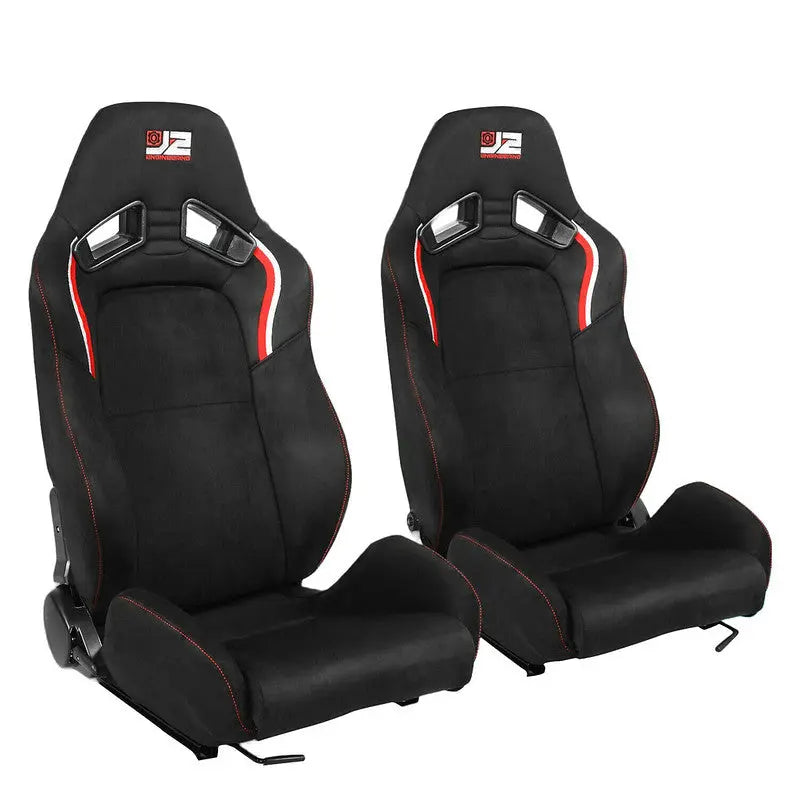 J2 Engineering Pair Black Microfiber Reclinable Racing Bucket Seats w ...