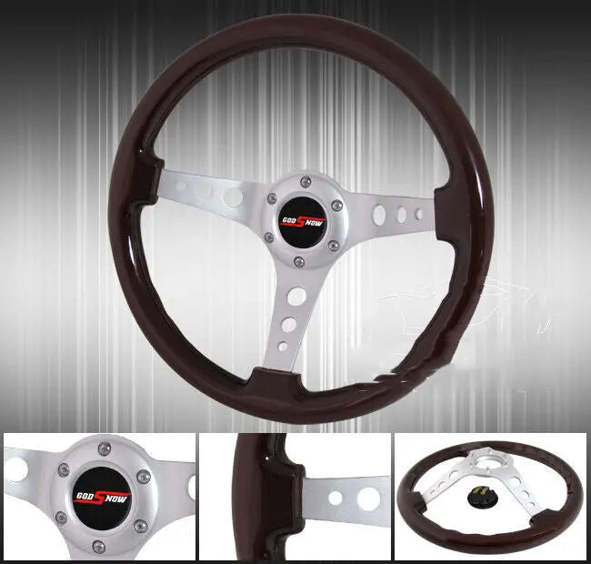 Jdm Vip Style Dark Wood Silver Steering Wheel Godsnow Button Horn Badg ...