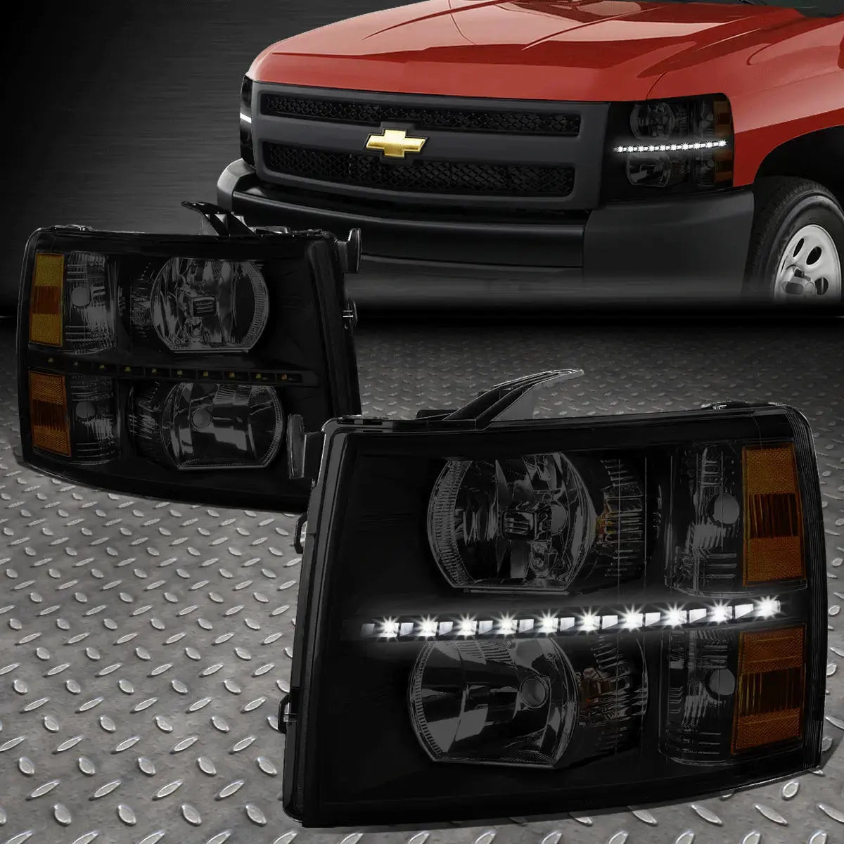 [Led Drl Strip]07-14 Chevy Silverado Tinted Housing Amber Corner Headl ...