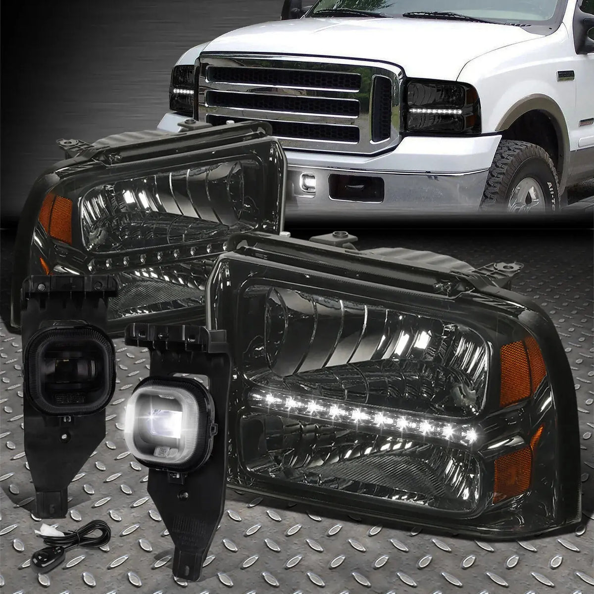 [Led Drl]05-07 Ford F250-F550 Smoked/Amber Headlight+Clear Fog Lamp+Sw ...