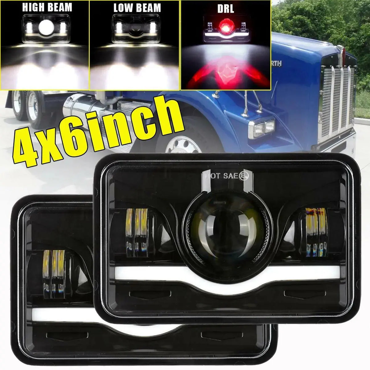 Pair 4X6" Square Led Sealed Beam Headlights For Ford Chevrolet Kenwort ...