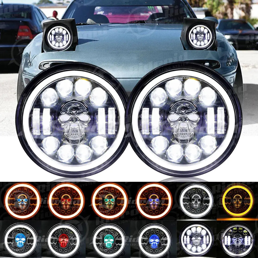 Pair Rgb 7Inch Led Headlight Halo Angel Eye Skull For Mazda Miata Mx-5 ...