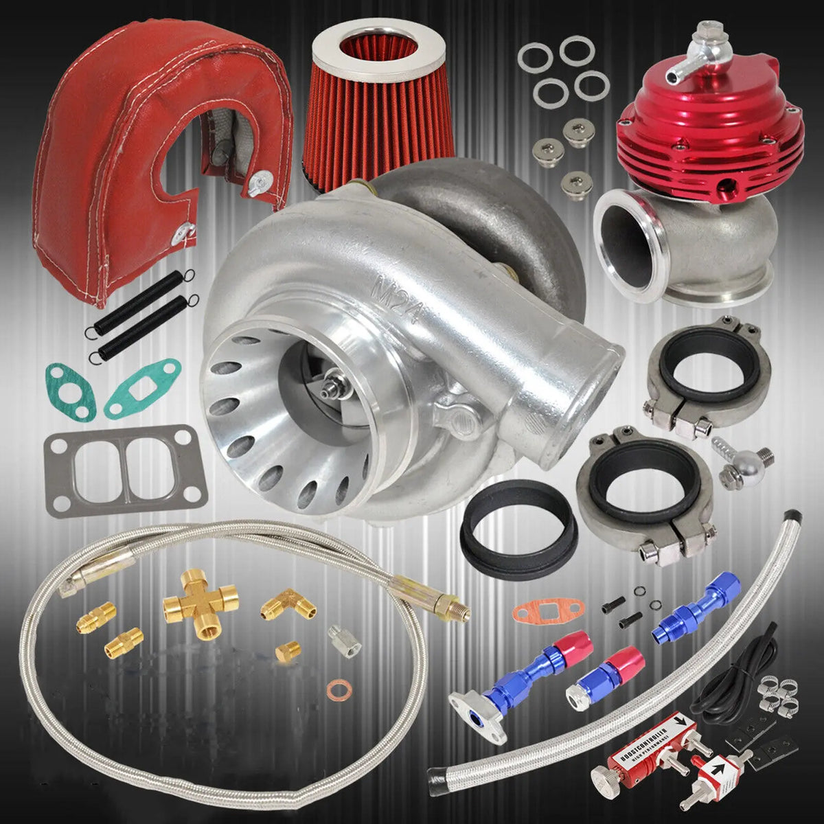 T70 Turbo V-Band Wastegate Air Filter Heat Shield Oil Line Boost Contr ...